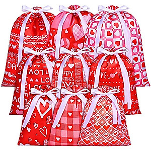Fovths 9 Pack Large Valentines Gift Bags with Drawstring Satin Fabric Gift Wrapping Bags Bulk for Valentines Day Gifts Anniversaries Treats and Party Favors (3 Assorted Size)
