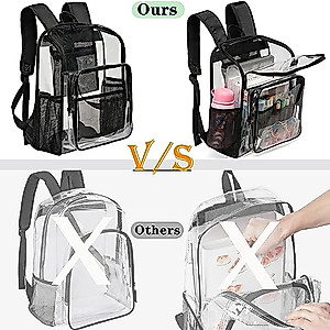 KUI WAN Clear Backpacks for School Large Clear Bookbag with Multi-Pockets PVC Transparent Backpack for College,Work,Black