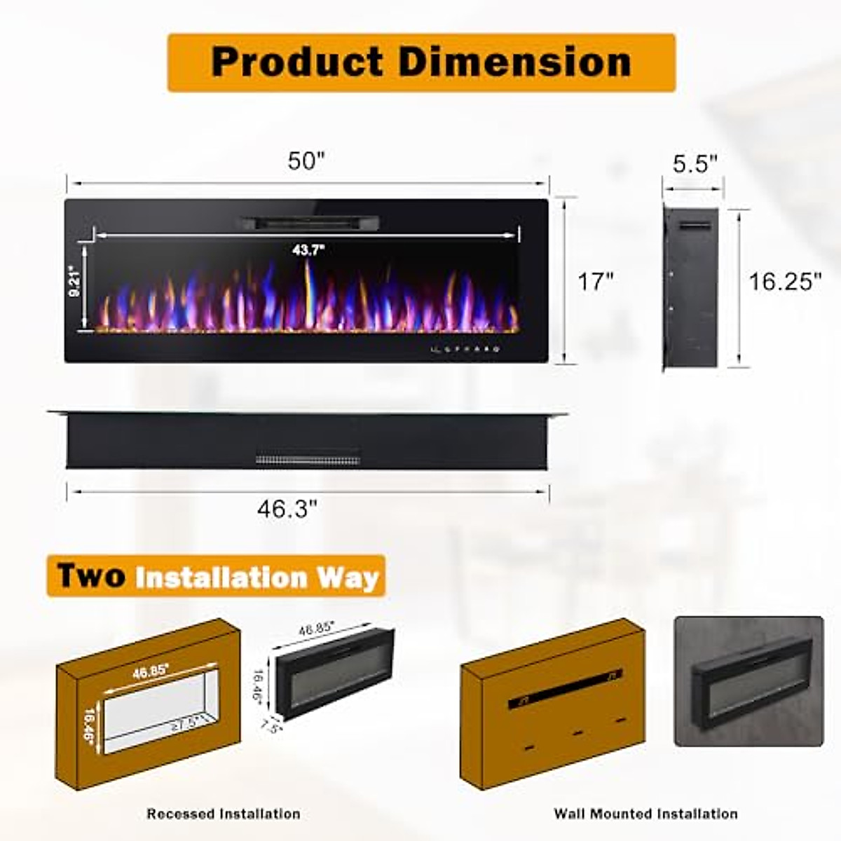 BETELNUT 50" Electric Fireplace Wall Mounted and Recessed w/144 Combination Colors & 5 Brightness,750/1500W Fireplace Heater w/Timer,Low Noise,Remote Control & Touch Screen,Log Set & Crystal Option