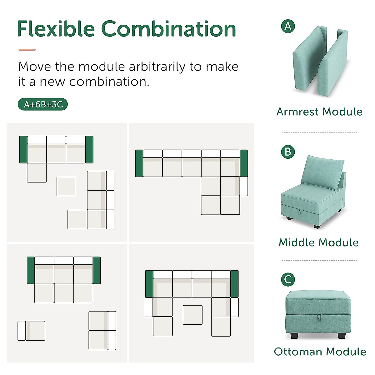 HONBAY Oversized Modular Sectional Sofa with Storage Reversible Sectional Couch Modular Sofa with Chaise U Shaped Sectional Set with Ottoman for Living Room, Aqua Blue