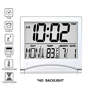 Betus Digital Travel Alarm Clock - Foldable Calendar Temperature Timer LCD Clock with Snooze Mode - Large Number Display, Battery Operated - Compact Desk Clock for All Ages (Silver, No Backlight)