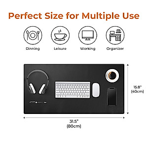 SenseAGE Leather Desk Pad Protector, Natural Rubber Office Desk Mat Mouse Pad, Non-Slip PU Leather Desk Blotter, Water-Resistant Laptop Writing Desk Pad for Office and Home (31.5” x 15.8”, Black)