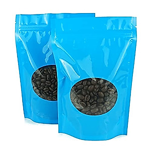 QQ Studio 50 Empty Coffee Packaging Bags with Degassing Valve, 4 oz and 7 oz Glossy Zipper Seal Bags with Round Window for Roasted Coffee Bean Storage (Blue, 4oz)