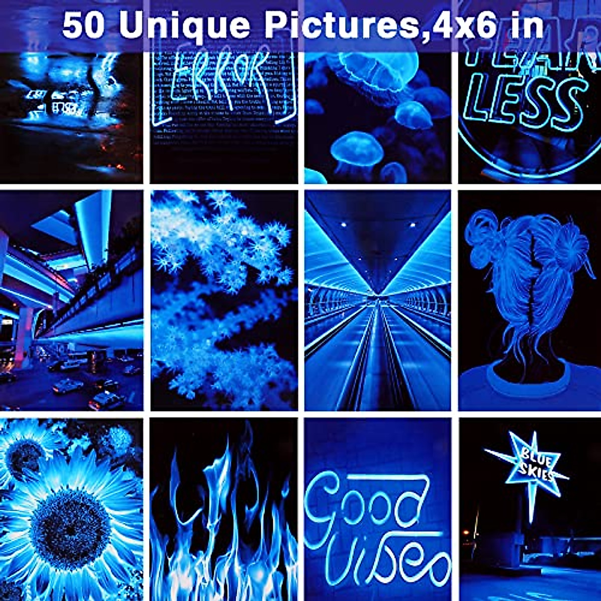 Ctosree 50 Pieces Blue Neon Aesthetic Pictures Wall Collage Kit Neon Blue Indie Room Decor Photo Collections Collage Dorm Decors for Girl Teens and Women for Room Bedroom Aesthetic, 4 x 6 Inches