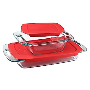 Pyrex Easy Grab 4-Piece Glass Baking Dish Set with Lids, 3-Qt & 2-Qt Glass Bakeware Set, Non-Toxic, BPA-Free Lids, Tempered Glass Bakeware Set