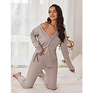 Ekouaer Women's Waffle Loungewear Set Button Down Long Sleeve Pajamas Set Soft Casual Loose Sleepwear Pjs Set Beige Small