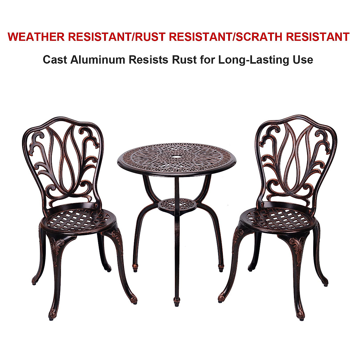 CG 3 Piece Bistro Set, Outdoor Patio Set, Anti-Rust Cast Aluminum Bistro Table Set for Park Yard Front Porch Furniture, Tulip, Antique Copper