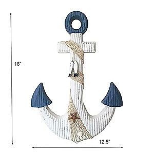 Rainbow Handcrafts Nautical Rustic Wooden Anchor with Rope Crosses Wall Art Decor,Boat Wheel,Hanging Wood Crossbar Anchor Decorative Home Bathroom Office Beach Theme Decoration 18''H （White）