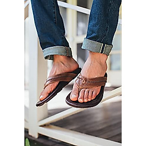 OLUKAI Mea Ola Men's Beach Sandals, Premium Leather Flip-Flop Slides, Compression Molded Footbed & Comfort Fit, Laser-Etched Design, Tan/Dk Java, 10