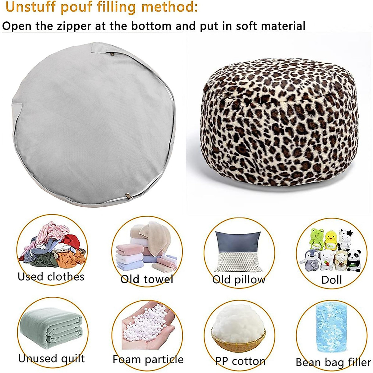 Asuprui Animal Pouf Ottoman Unstuffed,Floor Pouf, Ottoman Foot Rest, Outdoor Pouf,Round Fuzzy Pouf Seat, Floor Bean Bag Chair,Foldable Floor Chair Storage for Living Room, Bedroom (Leopard Print)
