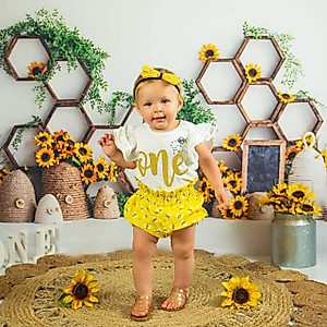 GRNSHTS Baby Girl One Birthday Outfits Honey Bee Ruffle Sleeve Romper+Bumble Bee Shorts+Headband 3Pcs Summer Clothes 12-18 Months