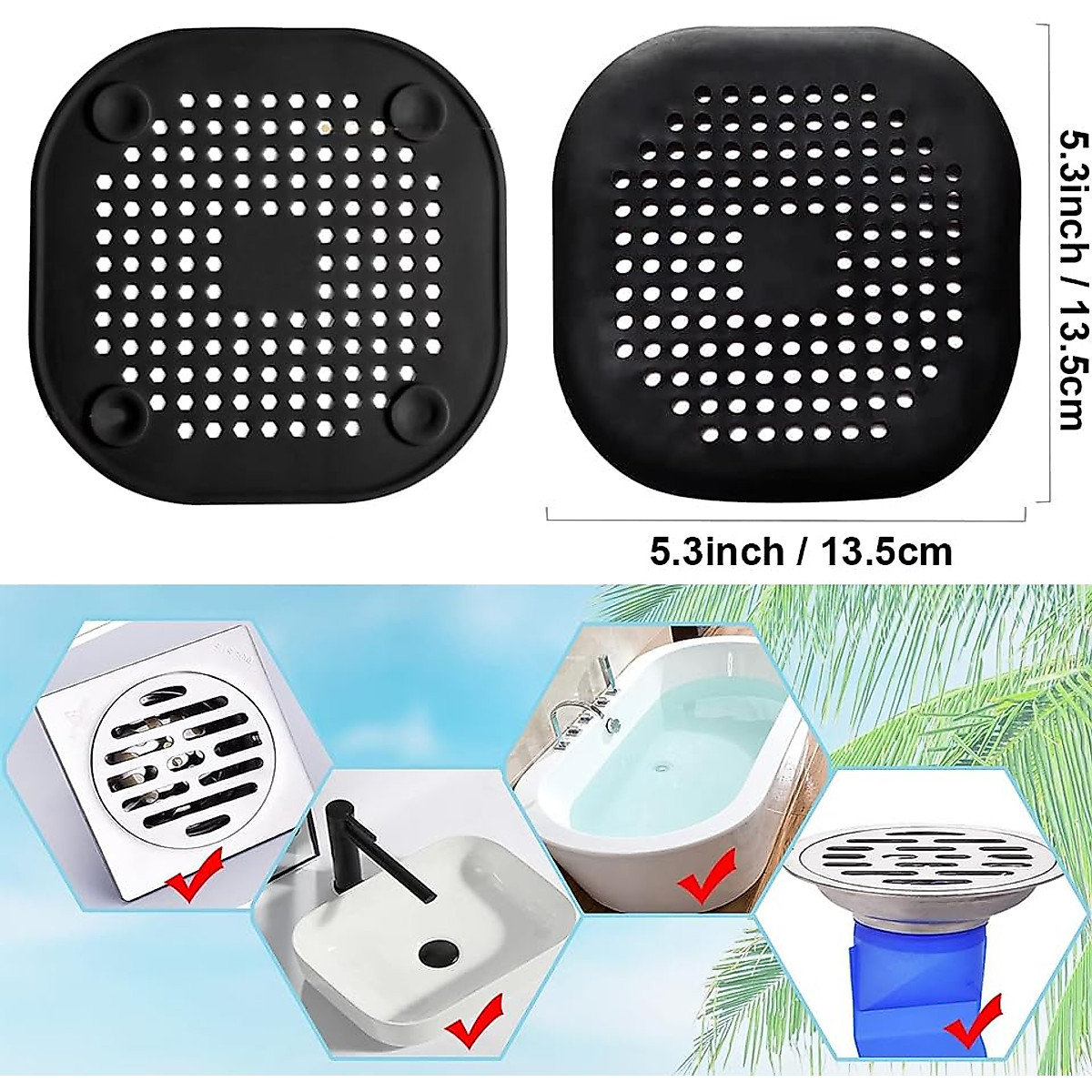 2Pack Drain Hair Catcher, Hair Catcher Shower Drain, Sink Drain Strainer, Shower Drain Cover Hair Catcher Stopper, Shower Drain Protector Sink Strainer with Suction Cups for Bathroom/Kitchen/Bathtub