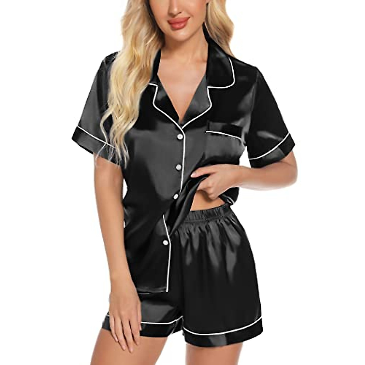 Leikar Womens Silk Satin Pajamas Shorts Set Bride Pajamas Button Down Pjs Loungewear Set S-XXL Black