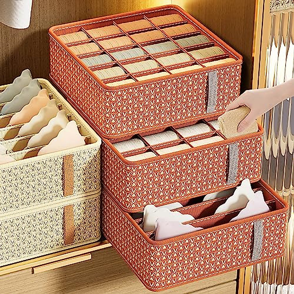 verrio Sock Underwear Organizer Drawer Dividers, Sock Underwear Drawer Organizer Bins, Closet Cabinet Organizer Underwear Storage Boxes for Storing Socks, Undies and Baby Clothes (Beige-M)