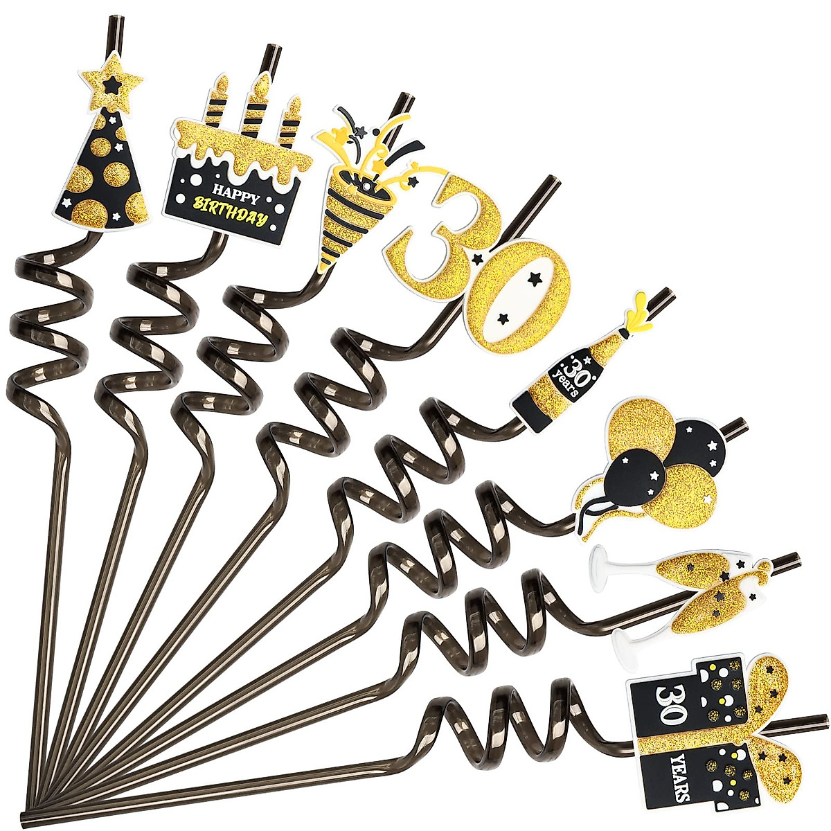 24 PCS 30th Birthday Party Decorations Straw Decor Plastic Reusable Glitter Straws for 30th Birthday Party Decor Cut-Out Number 30 Party Decorative Supplies for Women Men with 2 Brush
