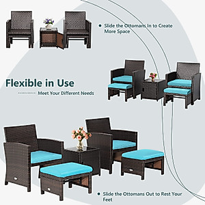 Tangkula 5 Pieces Wicker Patio Furniture Set, Patiojoy Conversation Chair and Ottoman Set with Single-Door Storage Coffee Table and Cushions, Outdoor Lounge Chair Chat Set, Space-Saving (Turquoise)