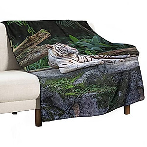 White Tiger Rest in Forest Throw Blanket for Couch Bed Flannel Lap Blanket Lightweight Cozy Plush Blanket for All Seasons 50"x70"