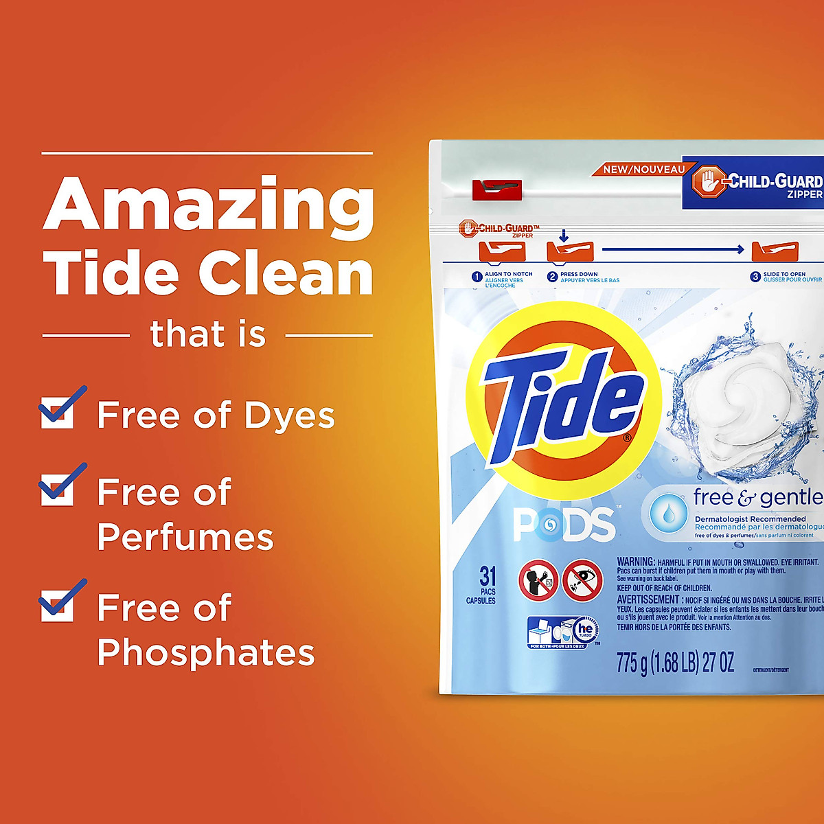 Tide PODS Free & Gentle Liquid Laundry Detergent Pacs, 35 count