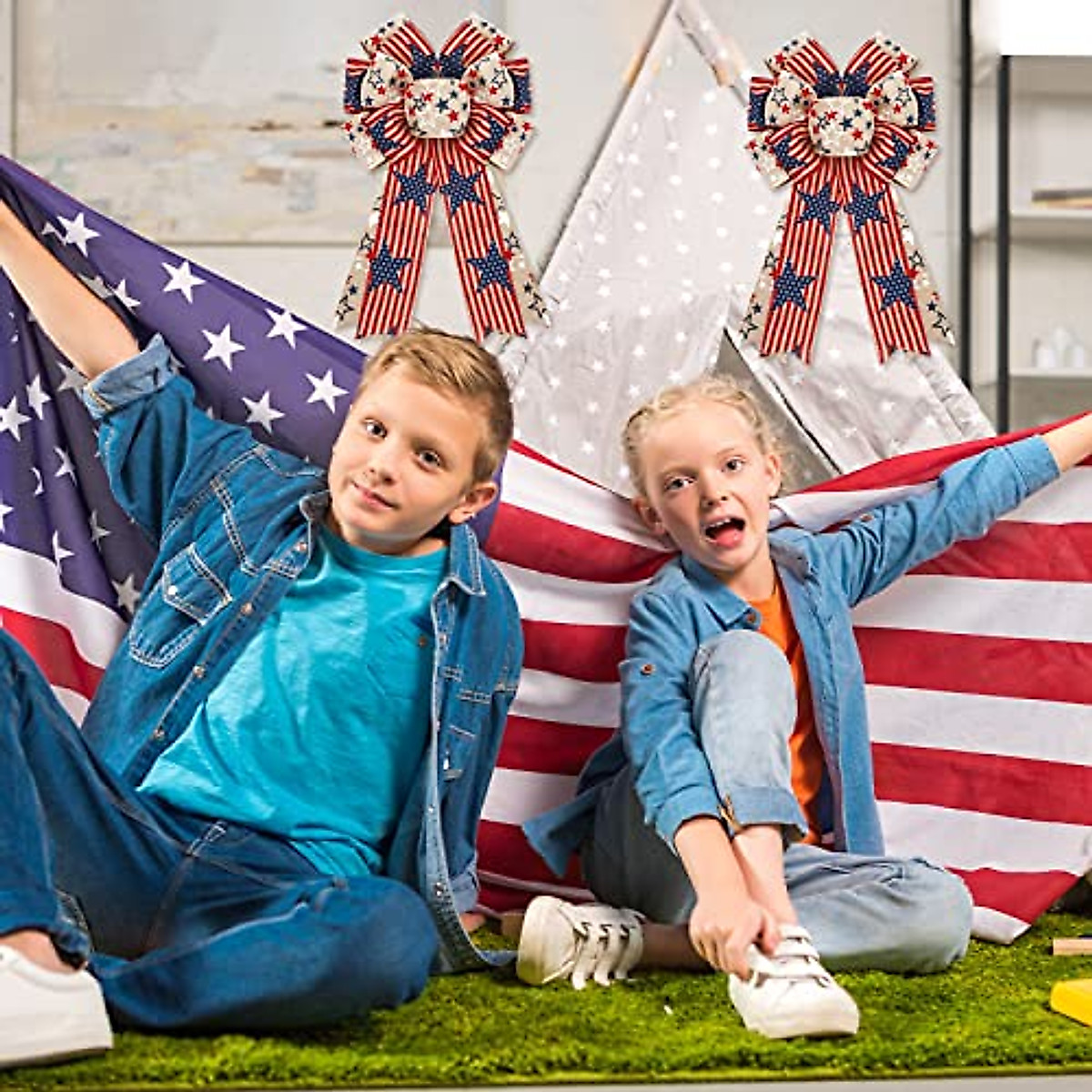 2 Pcs Patriotic Bow Wreath 4th of July Memorial Day Red White Blue Star Burlap American Flag Bow Memorial Day Bow for Indoor Outdoor Tree Topper Independence Day Party Decoration (Classic Style)