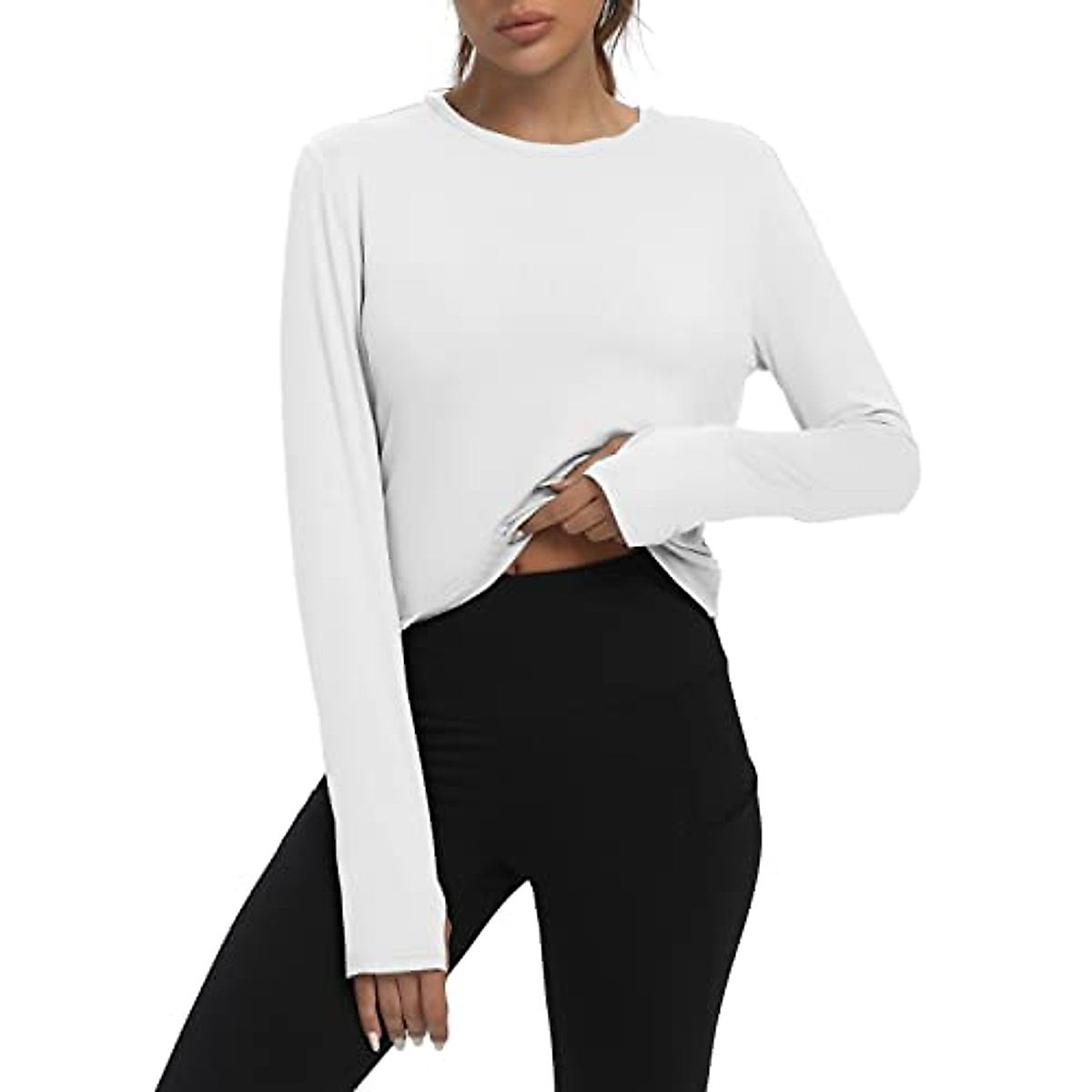 Bestisun Women Open Back Crop Tops Long Sleeve Workout Athletic Gym Cropped Dance Shirt Active Wear Yoga Tops Athletic Hiking Sport Clothes White L