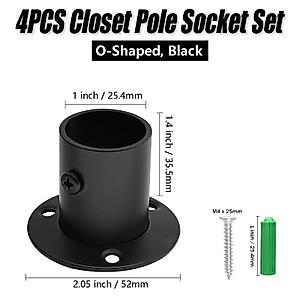 Qjaiune 4PCS Closet Pole Socket Set Wardrobe Rod Bracket, 1 Inch Curtain Rod Support Bracket Black Closet Rod Holder, Stainless Steel Closet Flange Heavy Duty Closet Rod End Supports (O Shaped)