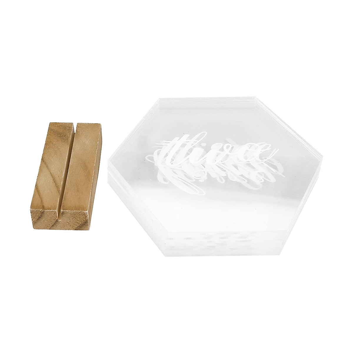 Hanna Roberts Modern Hexagonal Geometric Table Number Acrylic Signs with Wood Stands for Wedding Reception, Restaurant, Event Party, 5" x 1.5" x 5.9" (Cursive Geometric, Set of 10 (1-10))