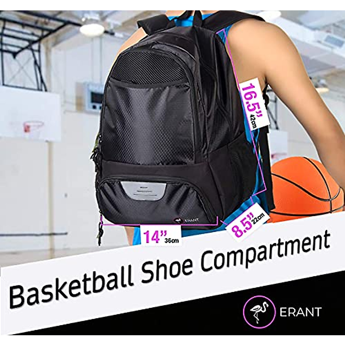 ERANT Basketball Backpack - Extra Large Sports Bag with Separate Ball and Shoe Compartment - Durable Design - Suitable for Boys and Girls - Black