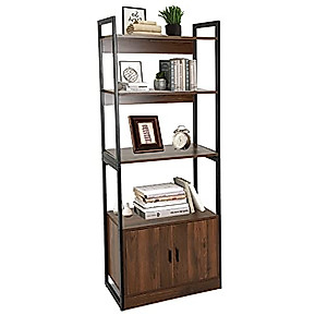 ECOMEX Industrial Bookshelf and Bookcase with 2 Doors,Display Standing Shelf Units,4-Tier Bookshelf with Storage Cabinet for Home Office,Bedroom,Vintage Brown