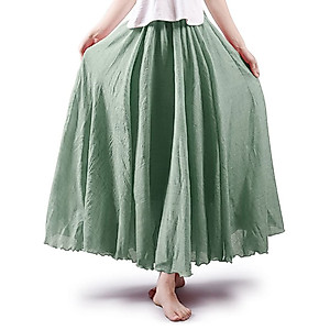 ASHER FASHION Women's Bohemian Style Elastic Waist Band Cotton Linen Long Maxi Skirt Dress (85CM, Light Green)