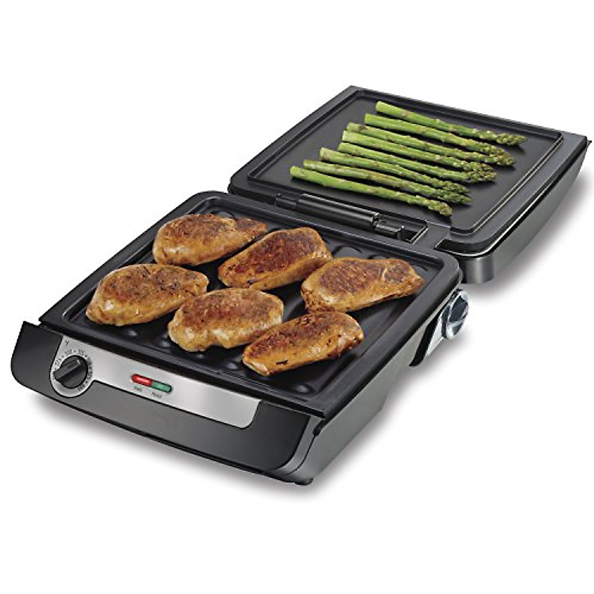 Hamilton Beach 4-in-1 Indoor Grill & Electric Griddle Combo with Bacon Cooker, Opens Flat to Double Cooking Surface, Removable Nonstick Plates, Black & Silver (25601)
