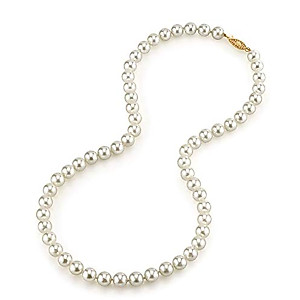 The Pearl Source White Akoya Japanese Pearl Necklace for Women - 14k Gold Pearl Strand Necklace | 18in Long Pearl Necklace with Genuine Cultured Pearls, 7.5-8.0mm