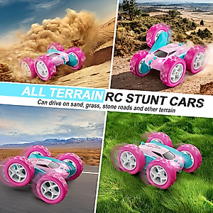 QUNREDA RC Cars, Pink Remote Control Car for Girls, 2.4 GHZ Double Sided RC Stunt Car 360° Rotating Remote Control Crawler with Headlights Car Toys for 6 7 8 9 10 11 12 Girls Birthday