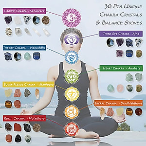 30 PCS Crystals and Stones Set - Natural Raw Healing Crystals & Tumbled Chakra Stones, Premium Protection Crystals Gift Kit Display in Wooden Box + Info Guide