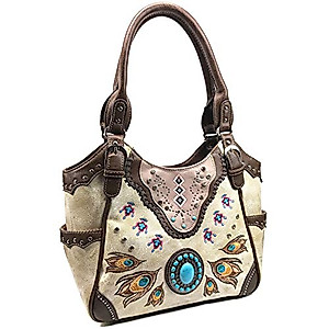 Zelris Turquoise Stone Concho Peacock Feather Women Conceal Carry Tote Purse Set (Beige)