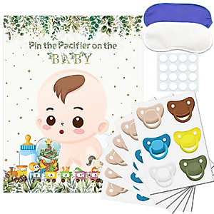 Pin The Pacifier On The Baby Game Sage Large Baby Poster Games for Baby Shower Party Birthday Party Decorations Supplies - 36 Pacifier Stickers 2 Blindfold