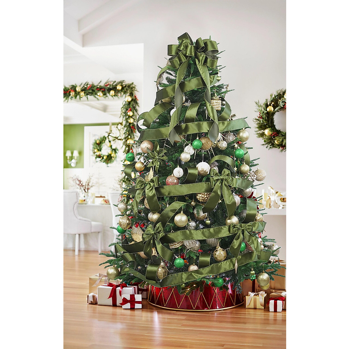 AIMUDI Olive Green Velvet Wired Ribbon 2.5 Inch Green Christmas Ribbon Wired Dark Moss Green Ribbon for Christmas Tree, Wreaths, Swags, Gift Wrapping, Garland, Holiday Crafts, Topper Bows - 10 Yards