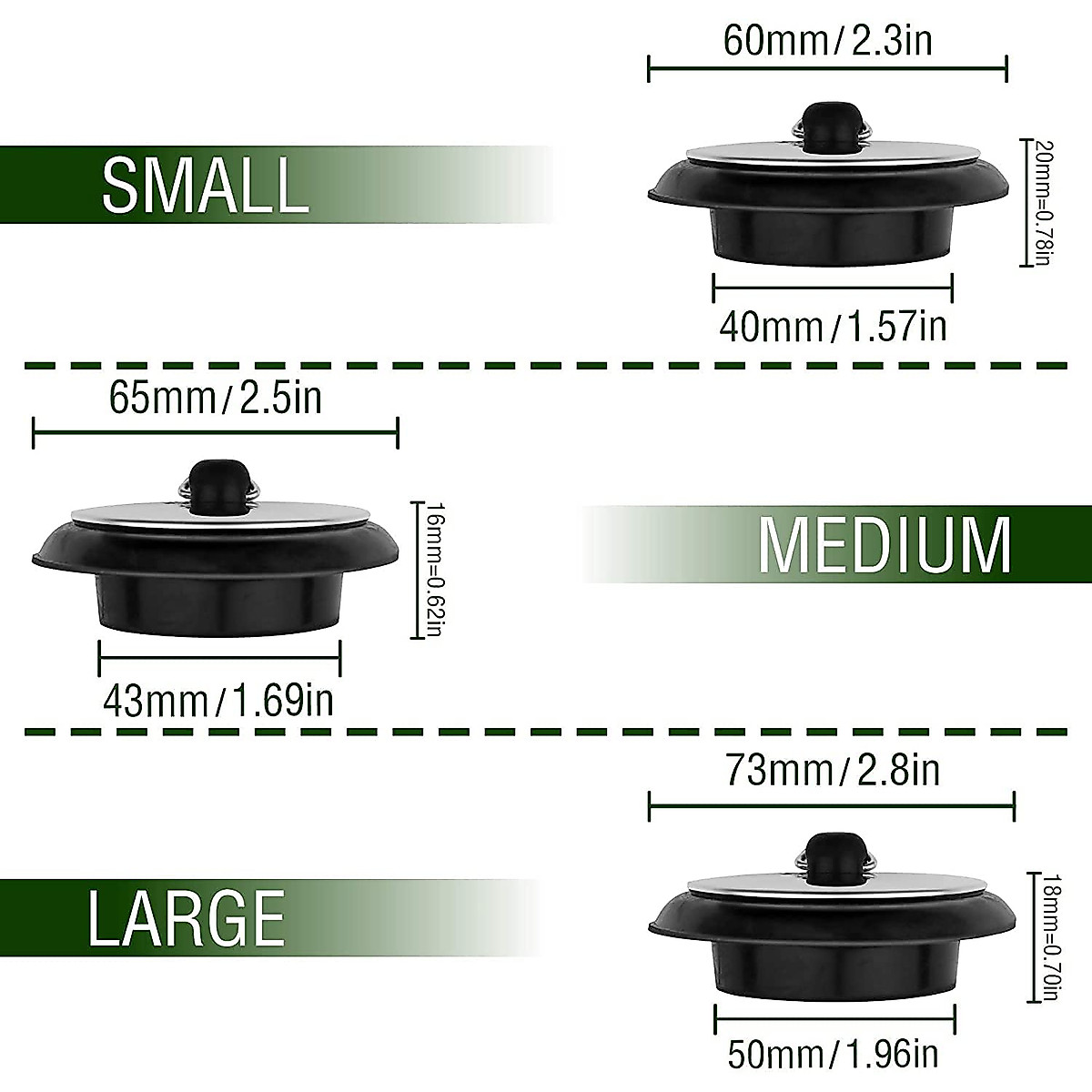 3Pcs Rubber Bath Tub Stopper Sink Plugs Kitchen Sink Drain Strainer with Stainless Steel Round Beaded Chain for 1-1/2 Inch to 2 Inch