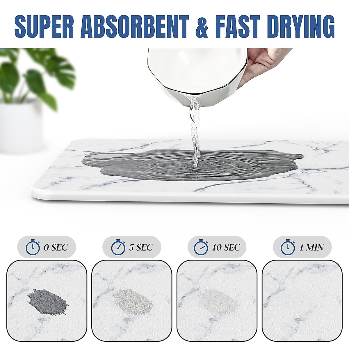 Plentio Quick Dry Stone Drying Mat for Kitchen Counter, Water-Absorbent Diatomaceous Dish Drying Mats, Multi-Purpose Stone Drying Tray for Cups Dishes Bottles, Ivory-Marble, 15.7"L x 11.8"W