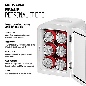 Chefman Mini Portable Personal Fridge Extra-Cold Or Warm, Compact Storage for Skin Care, Formula, Or Snacks, Fits 6 12-oz Cans, Lightweight 4-Liter Capacity, White