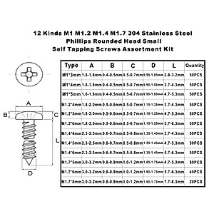 HVAZI 12 Kinds M1 M1.2 M1.4 M1.7 304 Stainless Steel Phillips Rounded Head Small Self Tapping Screws Assortment Kit