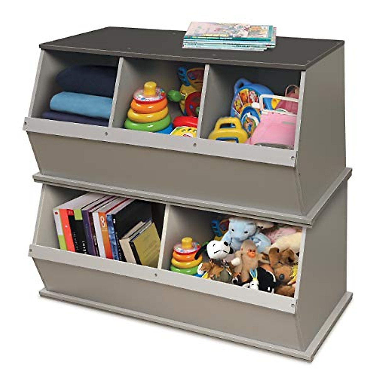 Badger Basket Three Bin Stackable Toy Storage Cubby Organizer - Woodgrain/Gray