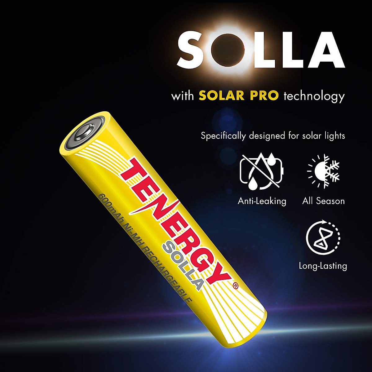 Tenergy Solla AAA Rechargeable NiMH Battery, 600mAh Solar Batteries for Outdoor Solar Lights, Outdoor Patio Lights, Anti-Leak, Outdoor Durability, 5+ Years Performance, 12 Pack, UL Certified