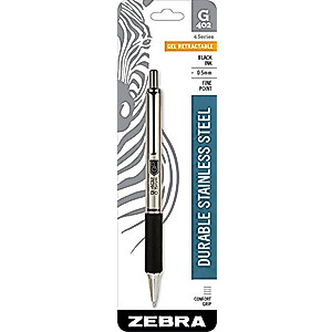 Zebra Pen G-402 Retractable Gel Pen, Stainless Steel Barrel, Fine Point, 0.5mm, Black Ink, 1-Pack