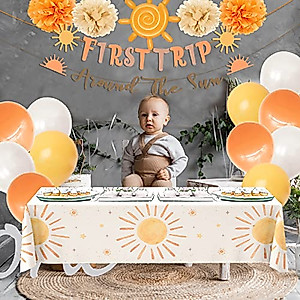 First Trip Around The Sun Birthday Decoration- Boho Sun Theme Tableware Set Include Sun Plates,1st Trip Around The Sun Banner,Sun Boho Tablecloth,Boho Balloons for Sunshine 1st Birthday Supplies