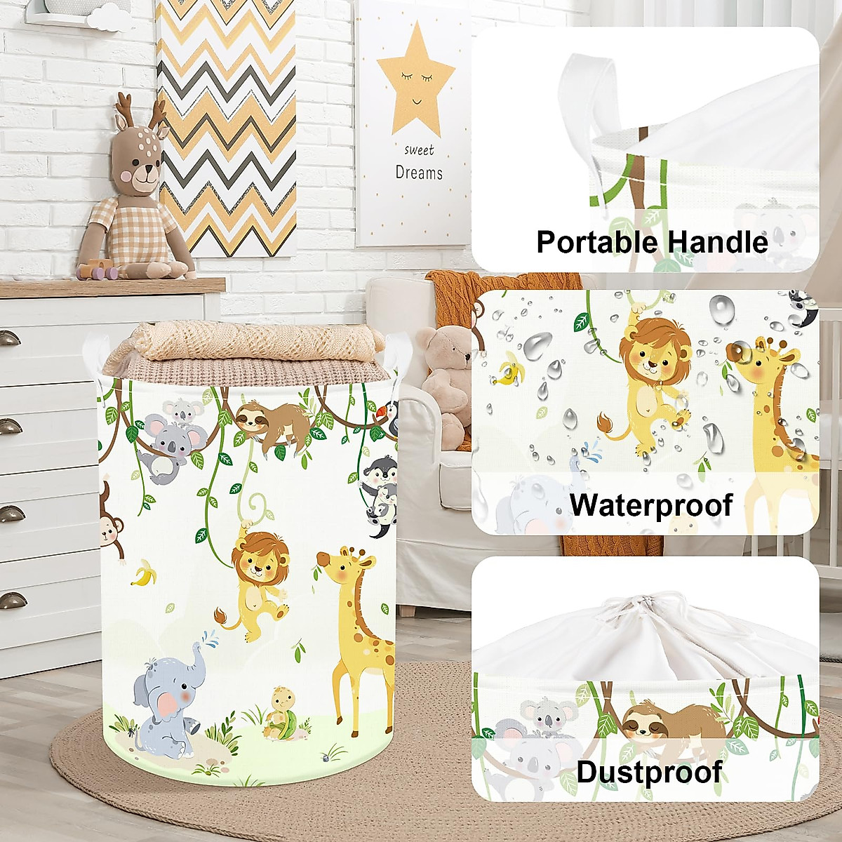 Clastyle 45L Vine Woodland Animal Hamper for Boy Girl Elephant Giraffe Lion White Round Toy Clothes Storage Basket for Nursery Room