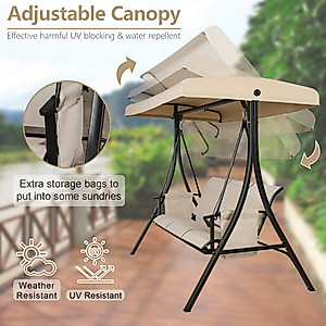 Patio 3-Seat Textilene Porch Swing, Outdoor Swing Glider with Stand and Adjustable Polyester Canopy (Beige)