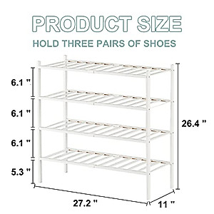 quiqear Bamboo Shoe Rack, 4 Tier Shoe Rack Organizer, Stackable & Durable Shoe Shelf Holder, Free Standing Shoe Racks, Shoe Storage Organizer for Entryway, Closet, Hallway (White)