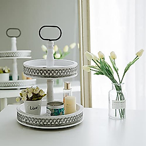 HPC Decor Two Tiered Tray-Farmhouse Tiered Tray with Metal Accents-Decorative Wooden Tiered Tray Stand-Rustic 2 Tier Tray for for Kitchen Island Country Dinning Entryway Coffee Table Tray (White)