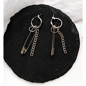 Safety Pin Chain Tassels Dangle Earrings Punk Silver Pin Dangle Earring with Hoop Jewelry for Men and Women (Silver)