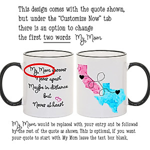 Mom, Personalized Long Distance Coffee Mug, Mother's Day Gift, States with hearts over Cities, 11oz or 15oz